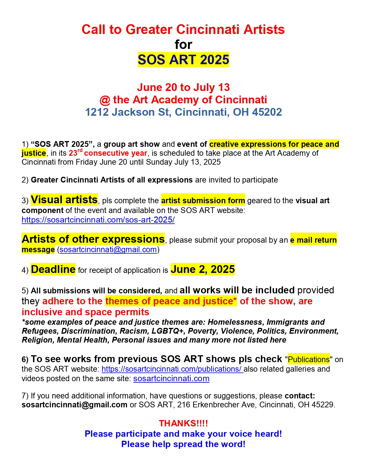 sos art cincinnati – Arts Vehicles for Peace and Justice and for a Change